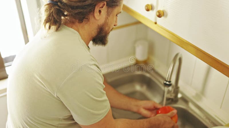 Man Washing Bell Pepper in Kitchen Sink Stock Video - Video of life ...