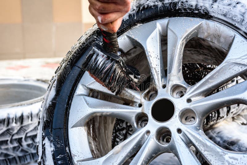 Man Washing Car S Alloy Wheels with Brush. Stock Photo - Image of alloy ...