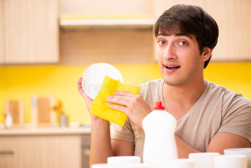 The Man Washing Dishes at Home Stock Image - Image of house, faucet ...