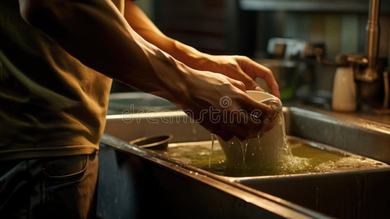 A Man is Washing Dishes in a Sink, AI Stock Image - Image of occupation ...
