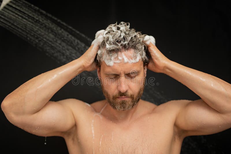 Man Washing Hair In Bath Guy Bathing Shower Head In Bathtub Face In
