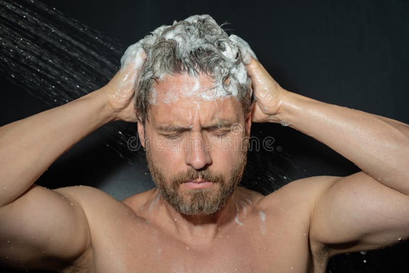 Man Washing Hair Close Up Portrait Man Bathing Shower Washing Hair