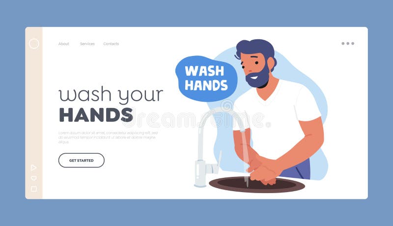 Man Washing Hands Landing Page Template Hygiene Procedure Concept With