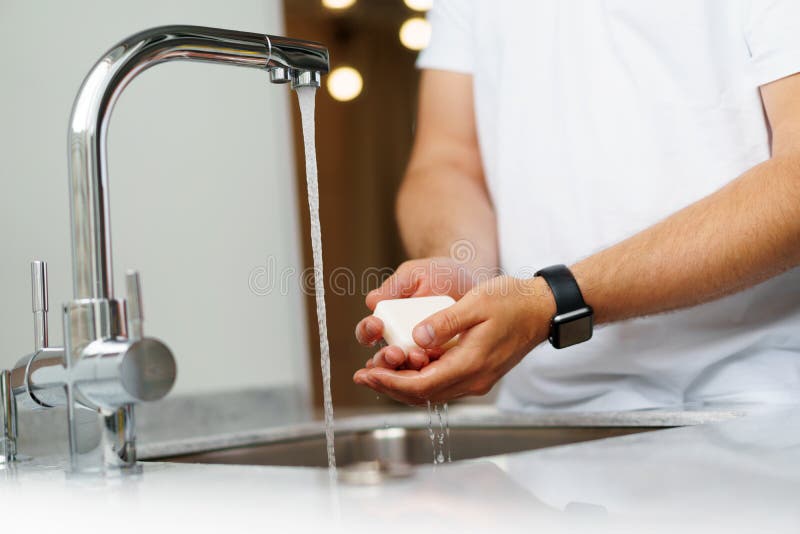 Man Washing Hands with Soap in a Sink at His Home Stock Photo - Image ...
