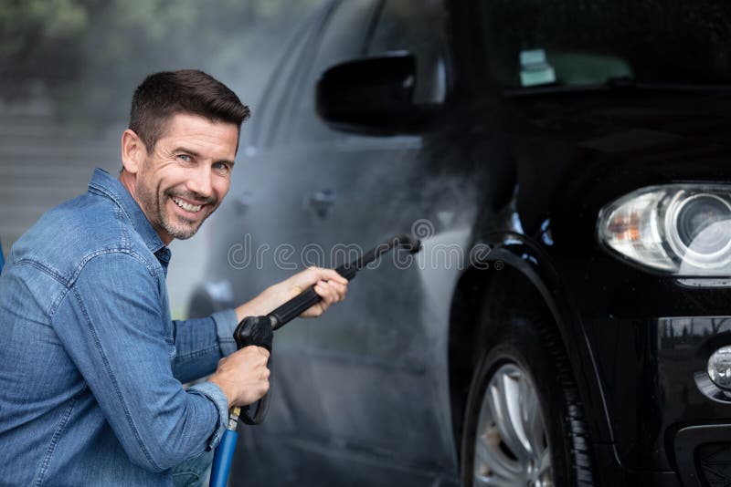 Man Washing Car Under High Pressure Water Stock Photo - Image of foam ...