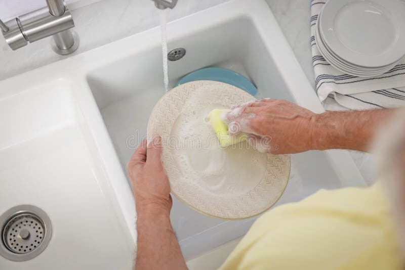 Man Washing Plate Above Sink, Top View Stock Photo - Image of person ...
