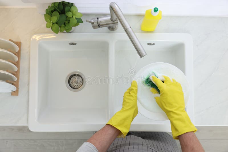 Man Washing Plate in Kitchen Sink, Top View Stock Image - Image of ...