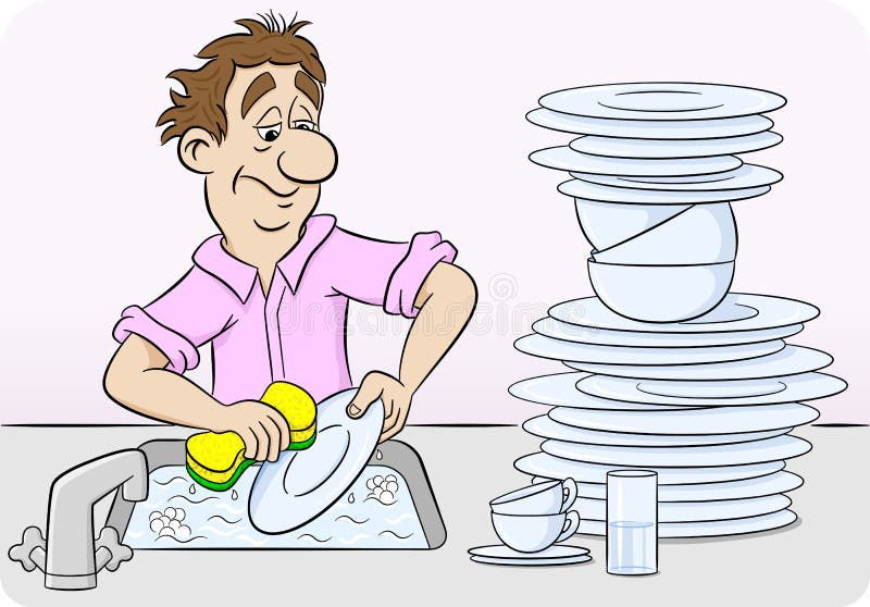 Man is washing up dishes stock vector. Illustration of sponge - 74278302