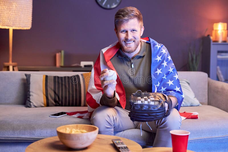 Man Watching Baseball Match on TV at Home Stock Photo - Image of team ...