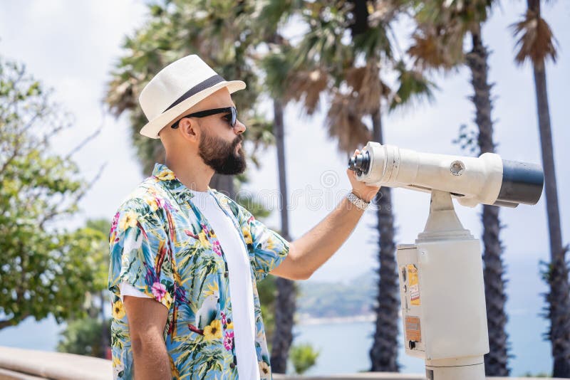 Man Watching through Binoculars Telescope Standing on Observation Point ...