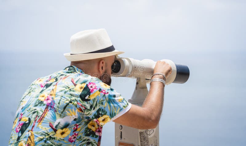Man Watching through Binoculars Telescope Standing on Observation Point ...