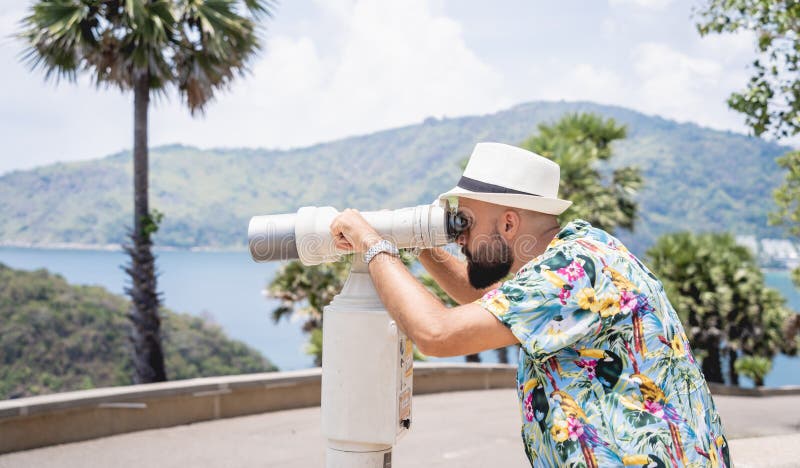 Man Watching through Binoculars Telescope Standing on Observation Point ...
