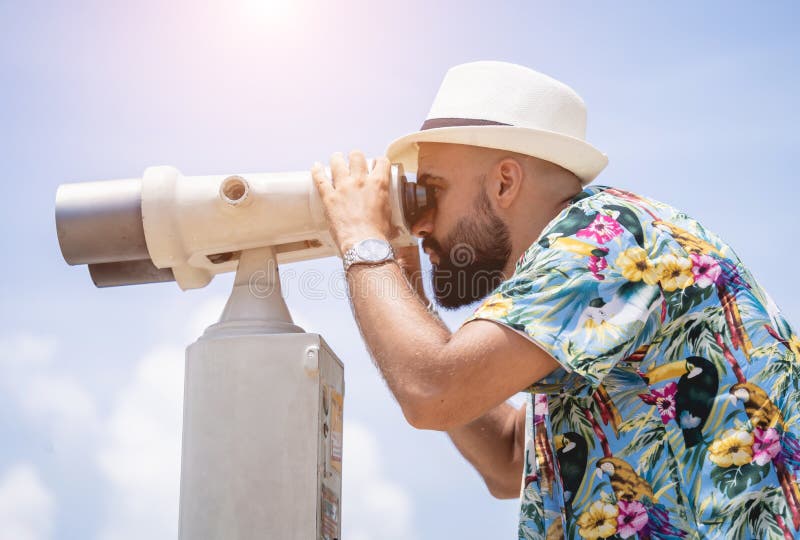 Man Watching through Binoculars Telescope Standing on Observation Point ...