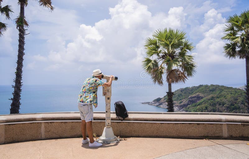 Man Watching through Binoculars Telescope Standing on Observation Point ...