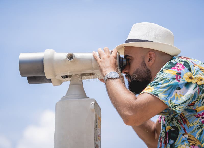 Man Watching through Binoculars Telescope Standing on Observation Point ...