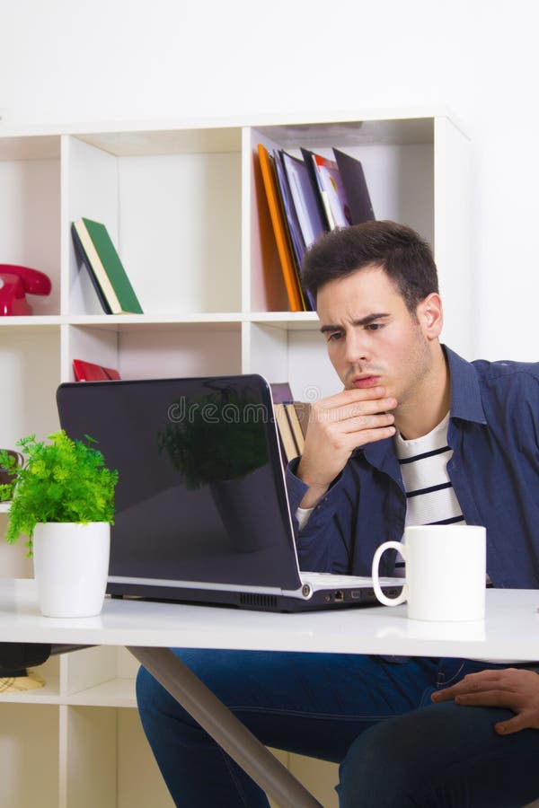 Man Watching the Computer Laptop Stock Image - Image of home, american ...