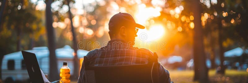 Man Watching Live Stream on Laptop at Sunset, Highlighting Harmony ...