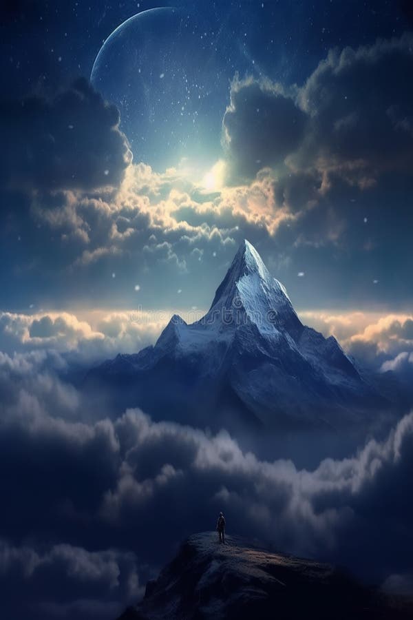 Man Watching at Night Landscape of High Mountains Above the Moon Shines ...