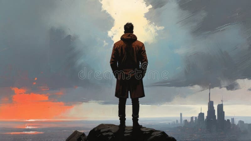 Man Watching Over City Illustration Painting Stock Illustrations – 5 ...