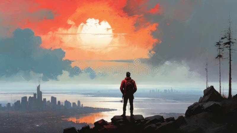 Man Watching Over City Illustration Painting Stock Illustrations – 5 ...