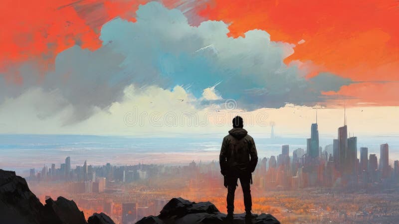 Man watching over the city stock illustration. Illustration of watching ...