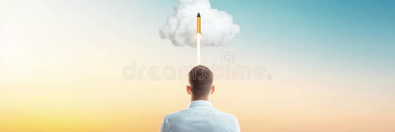 Man Watching Rocket Launch from Cloud a Man Stands with His Back To the ...
