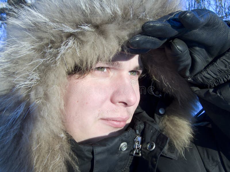 Man Watching Something in Winter Forest Stock Photo - Image of trip ...