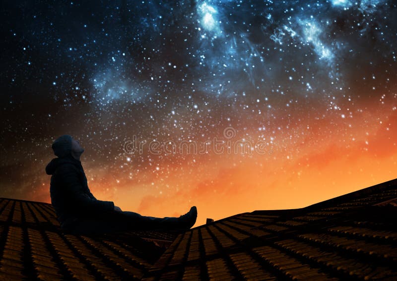 Man watching the stars stock image. Image of roof, night - 87115041