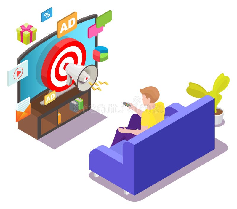 Man Watching Targeted Tv Ads, Vector Isometric Illustration ...