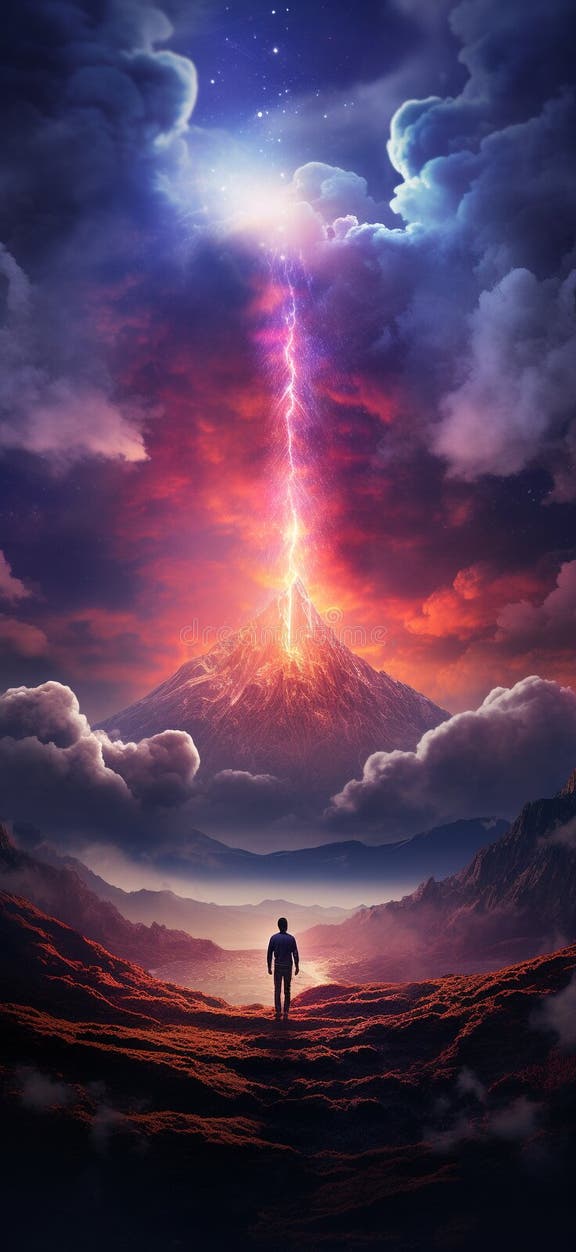 A Man Watching a Thunder Lights Fallen Down on Mountain Generative AI ...