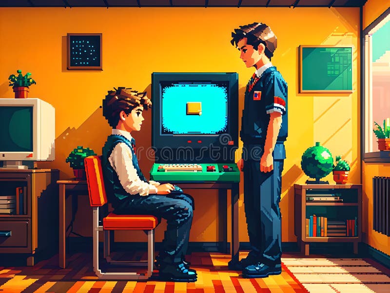 Man Watching TV in a Business Office with a Computer Screen, Surrounded ...