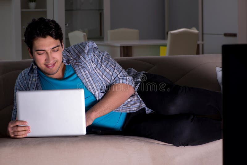 The Man Watching Tv Late at Night Stock Photo - Image of cinema ...