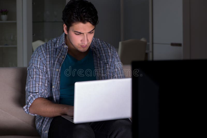 The Man Watching Tv Late at Night Stock Photo - Image of dependence ...