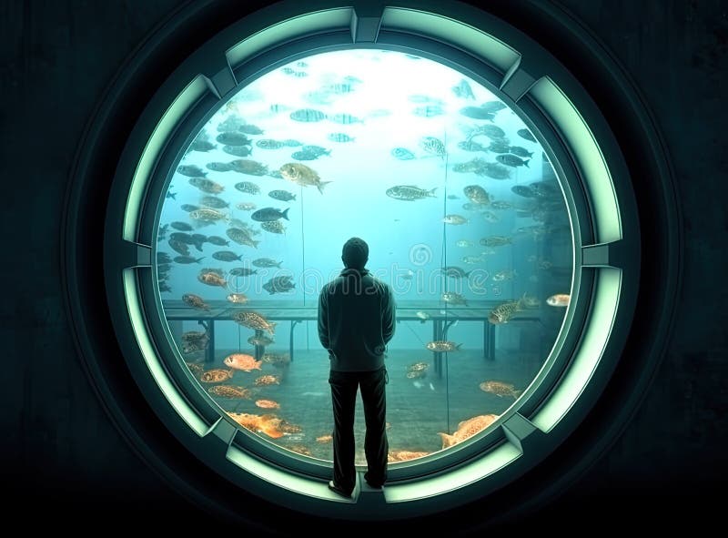 Man Watching Underwater World through Round Window in Aquarium Created ...