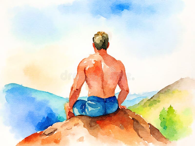 Man in a Watercolor Landscape Stock Illustration - Illustration of ...