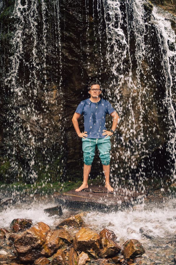 Man at Waterfall in Summer Altai Stock Image - Image of hiker, view ...