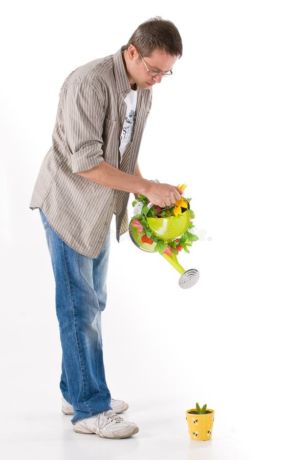 Man watering a small plant stock photo. Image of humorous - 5916698