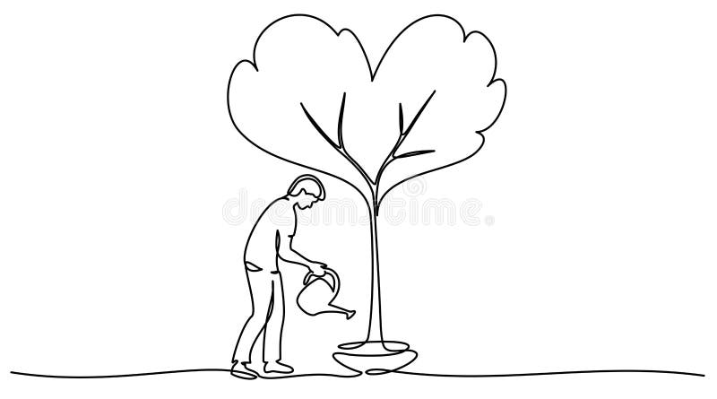 Man Watering Tree in Form of Heart. Continuous One Line Drawing Stock ... Man Watering Tree in Form of Heart. Continuous One Line Drawing Stock ...