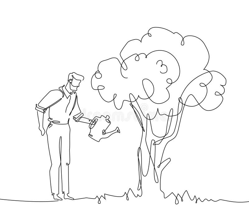 Man Watering the Tree - One Continuous Line Design Style Illustration ... Man Watering the Tree - One Continuous Line Design Style Illustration ...