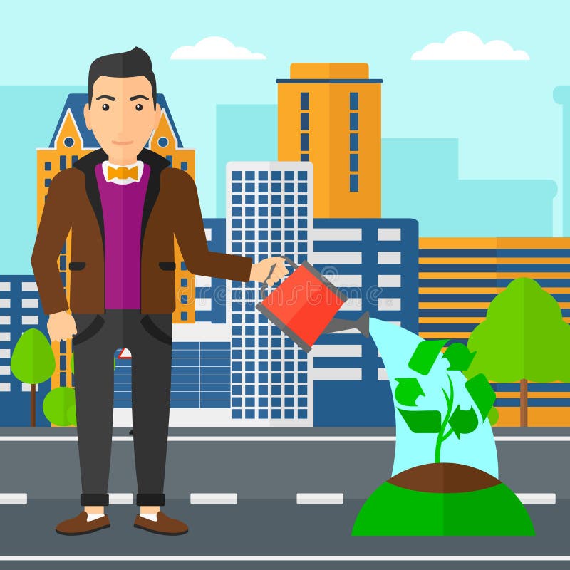 Man Watering Tree with Recycle Sign instead of Crown. Stock Vector ...