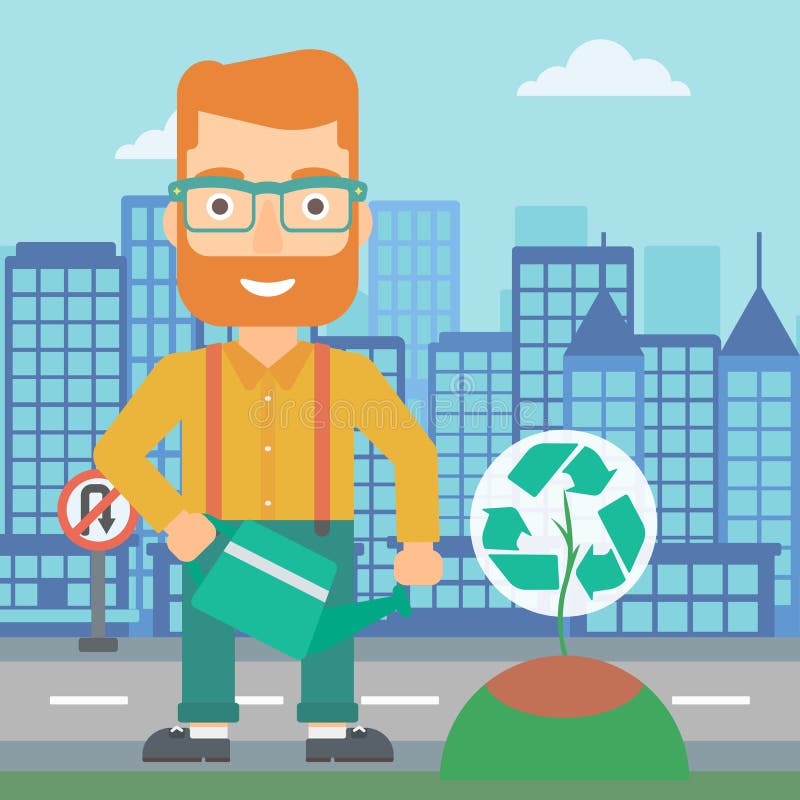 Man Watering Tree with Recycle Sign instead of Crown. Stock Vector ...