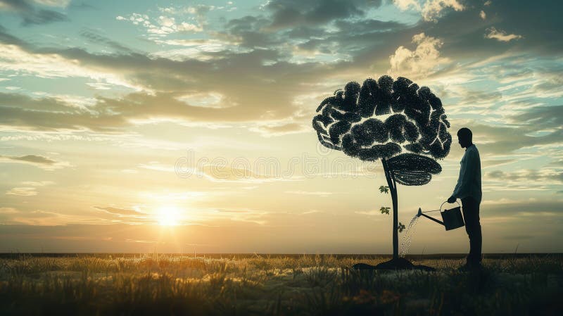 A Man Waters a Tree Shaped Like a Brain Against a Beautiful Sunset ...