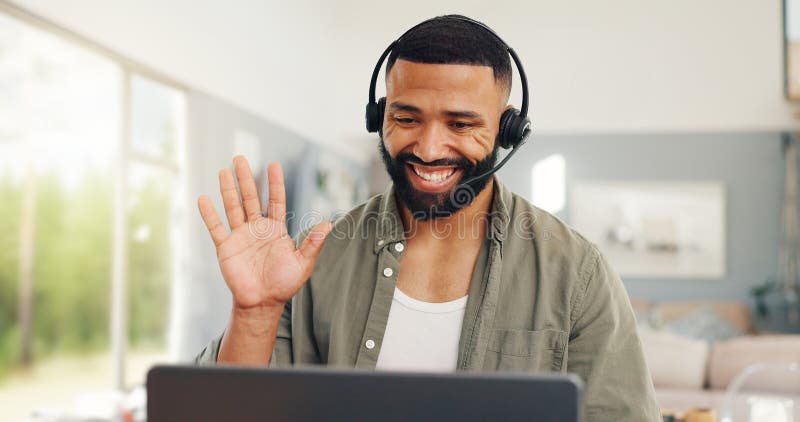 Man, Wave Headset and Talking in Home on Video Call, Live Streaming and ...