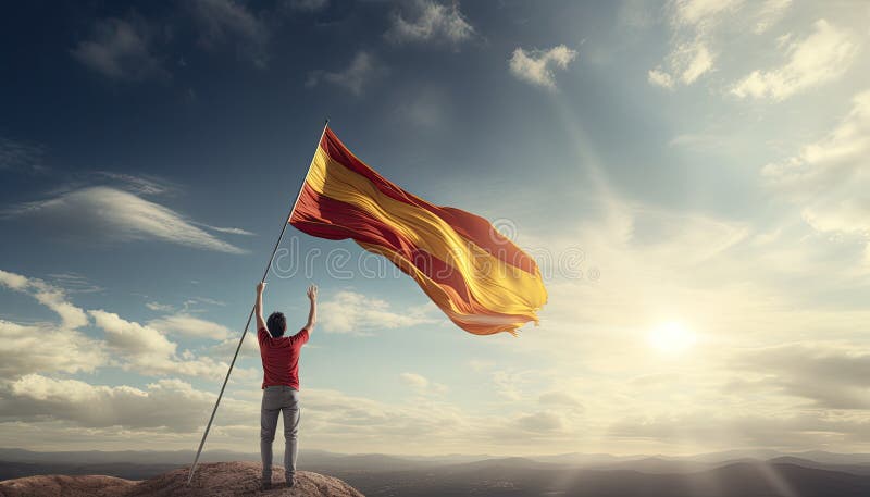Man Waving Spanish Flag on the Top of the Mountain. 3d Rendering Stock ...