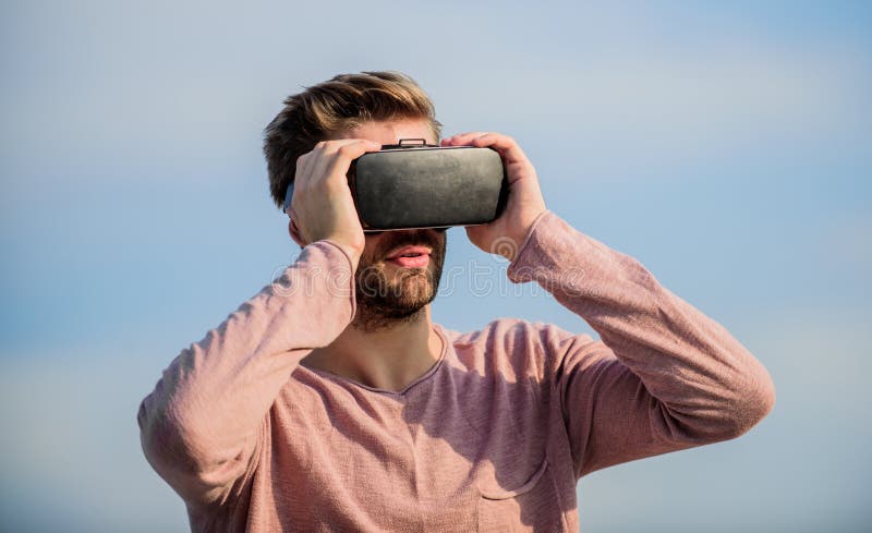 Man Wear Wireless VR Glasses Headset. Use Modern Technology. Virtual ...