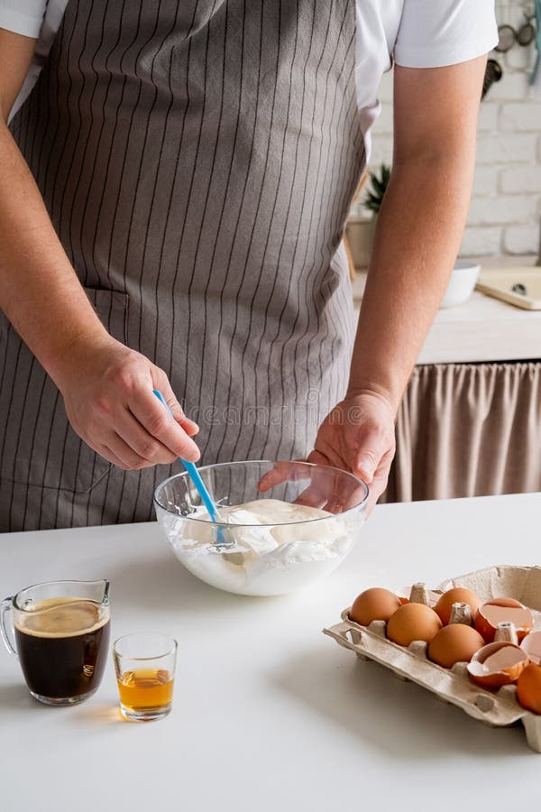 Man Wearing Apron Cooking Tiramisu at Kitchen Stock Photo - Image of ...