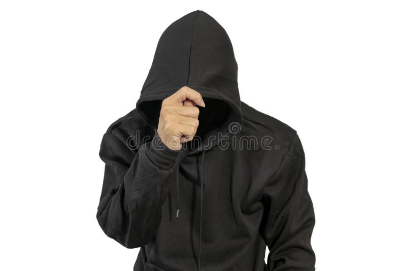 Man Wearing Black Hoodie on White Background, Hacker, Data Thieves,Hide ...