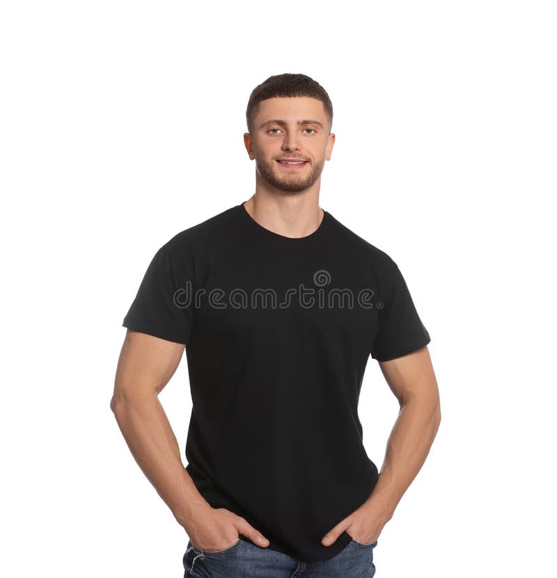 Man Wearing Black T-shirt on White Background. Mockup for Design Stock ...