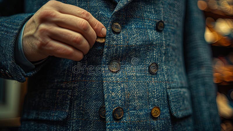A Man is Wearing a Blue Jacket with Buttons on the Front Stock Photo ...