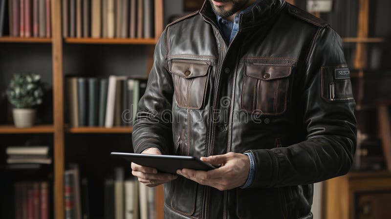 A Man Wearing a Brown Leather Jacket and a Blue Shirt Holds a Tablet in ...